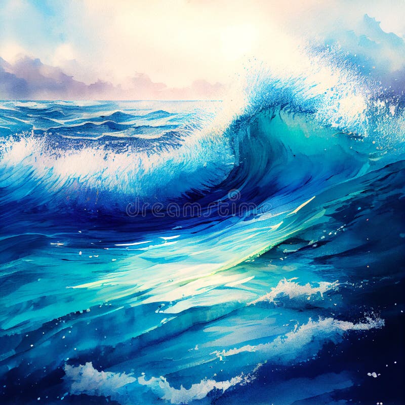 Watercolor Ocean Waves and Splash Water, Ai Generation Stock ...