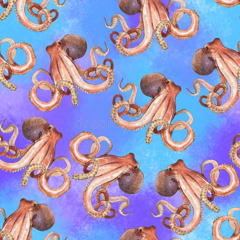 Watercolor Octopus Tentacles Wallpaper. Seamless Pattern Of Octopuses ...
