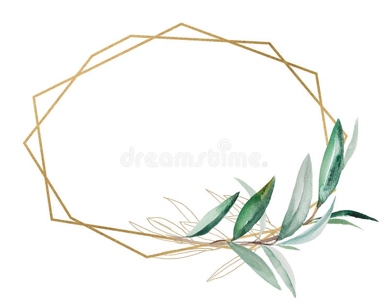 Watercolor Olive Branch Gold Frame Illustration Stock Illustration ...