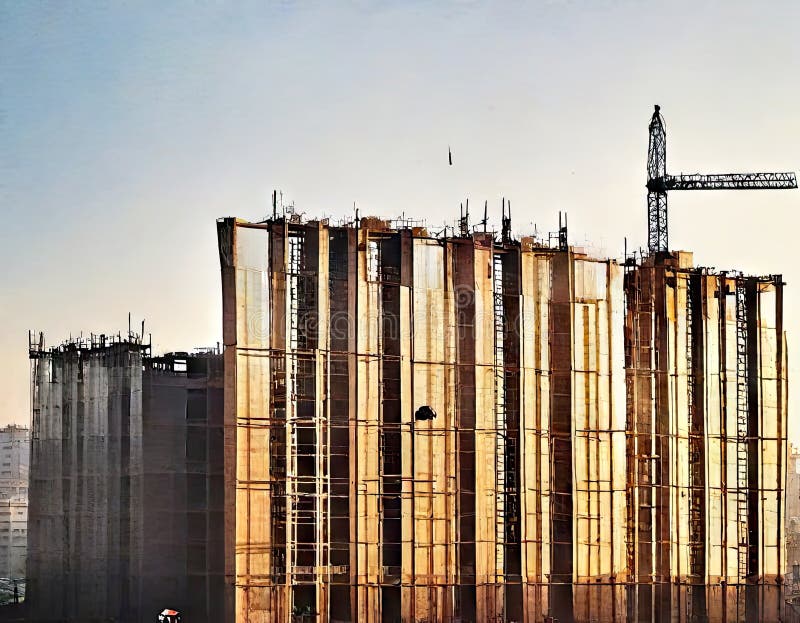 Watercolor of Ongoing Construction of a Building with Cranes and Stock ...