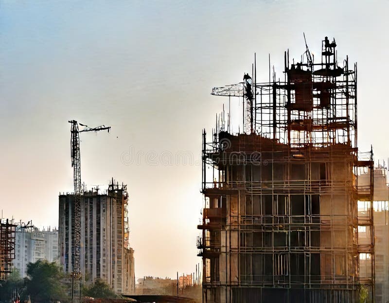 Watercolor of Ongoing Construction of a Building with Cranes and Stock ...