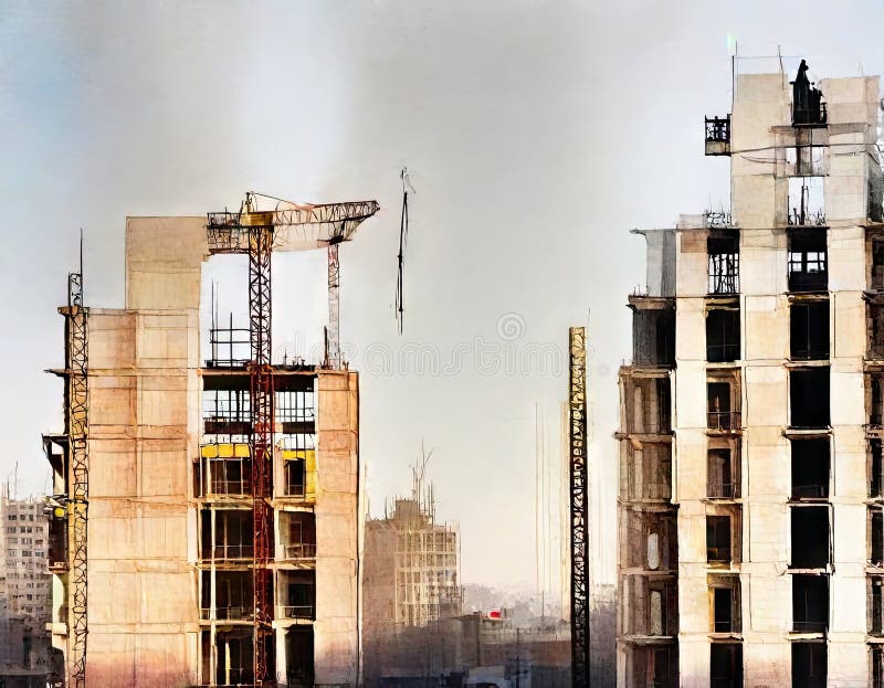 Watercolor of Ongoing Construction of a Building with Cranes and Stock ...