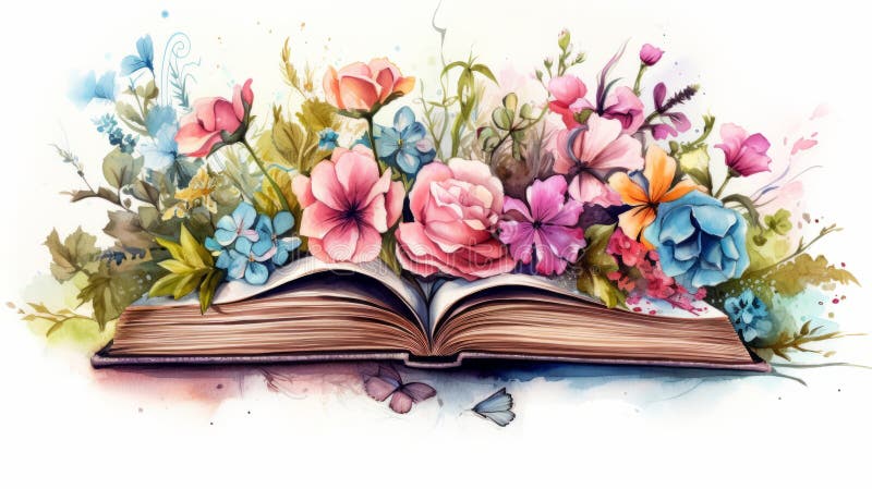 A Watercolor Open Book with a Bunch of Flowers on Top of it Stock Photo ...
