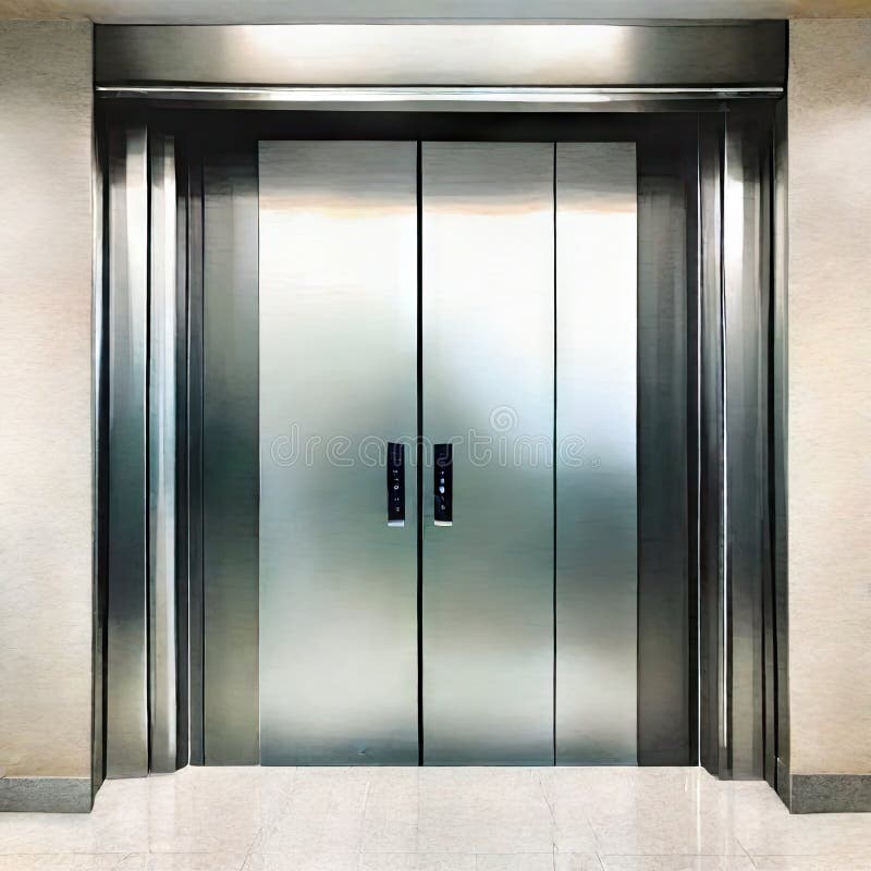 Watercolor of Open and Closed Chrome Metal Building Elevator Doors ...