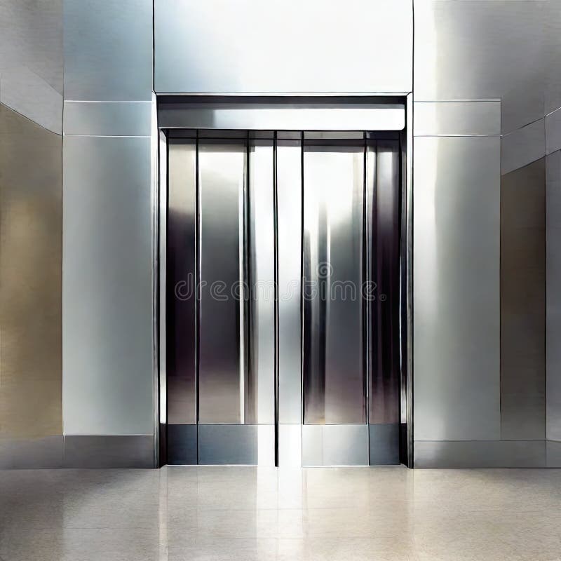 Watercolor of Open and Closed Chrome Metal Building Elevator Doors ...