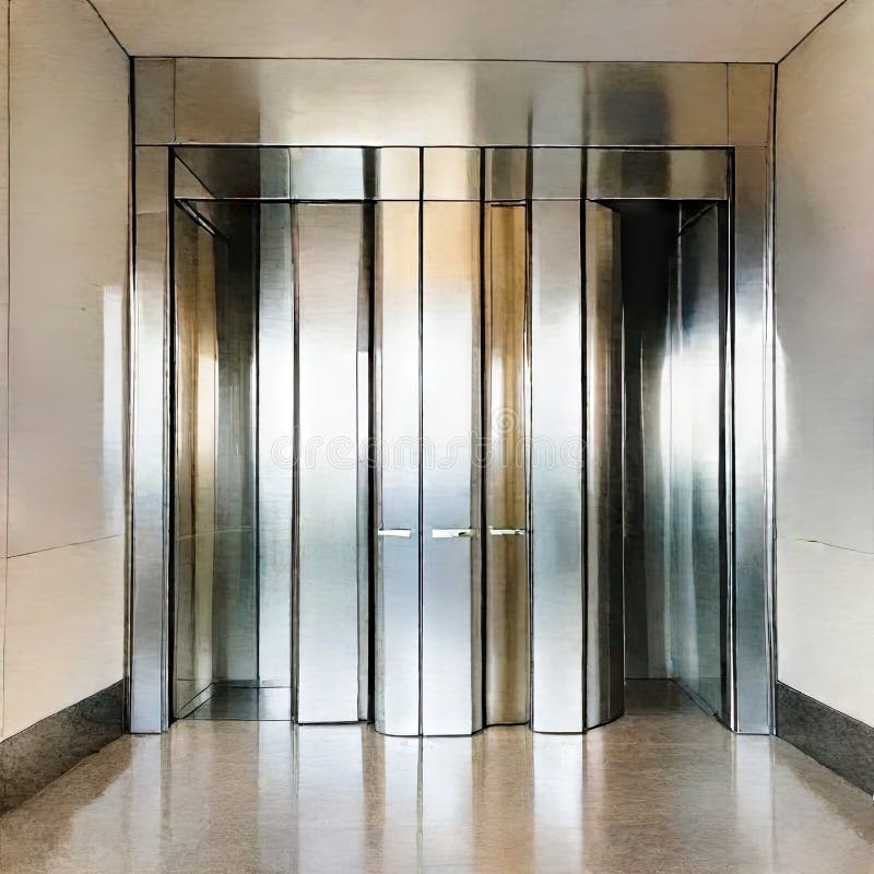 Watercolor of Open and Closed Chrome Metal Building Elevator Doors ...