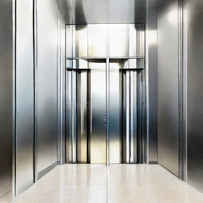 Watercolor of Open and Closed Chrome Metal Building Elevator Doors ...