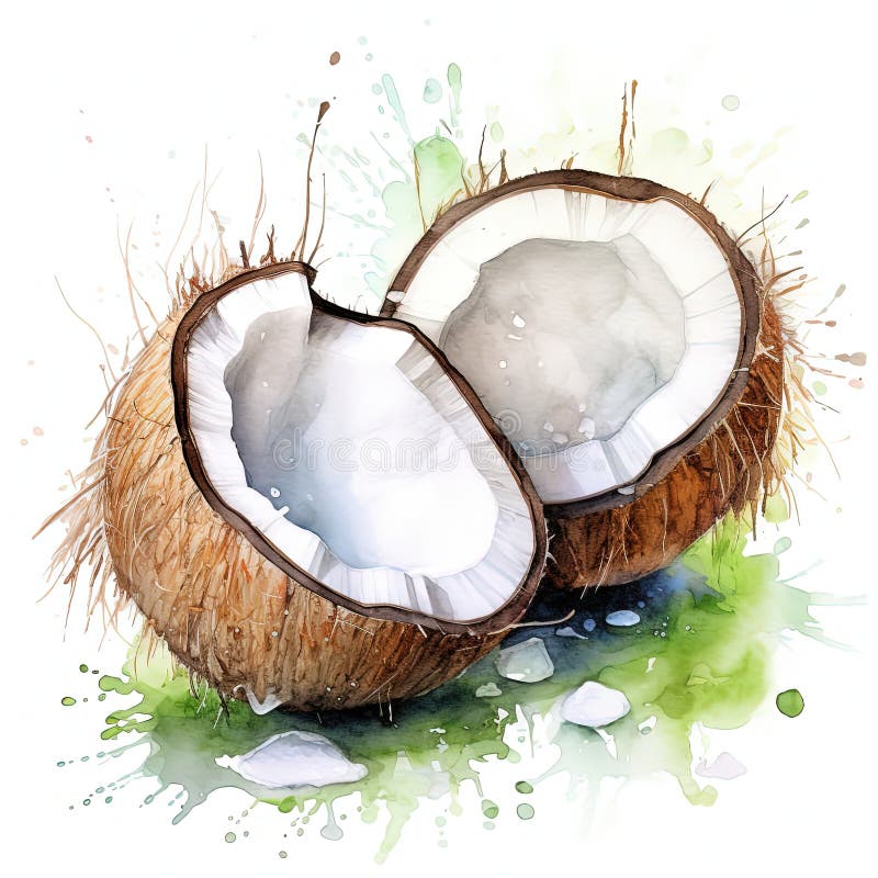 Watercolor Open Coconut Illustration AI Generative Stock Illustration ...