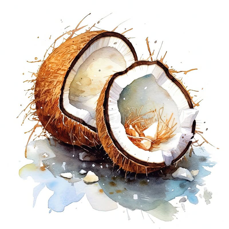 Watercolor Open Coconut Illustration AI Generative Stock Photo - Image ...