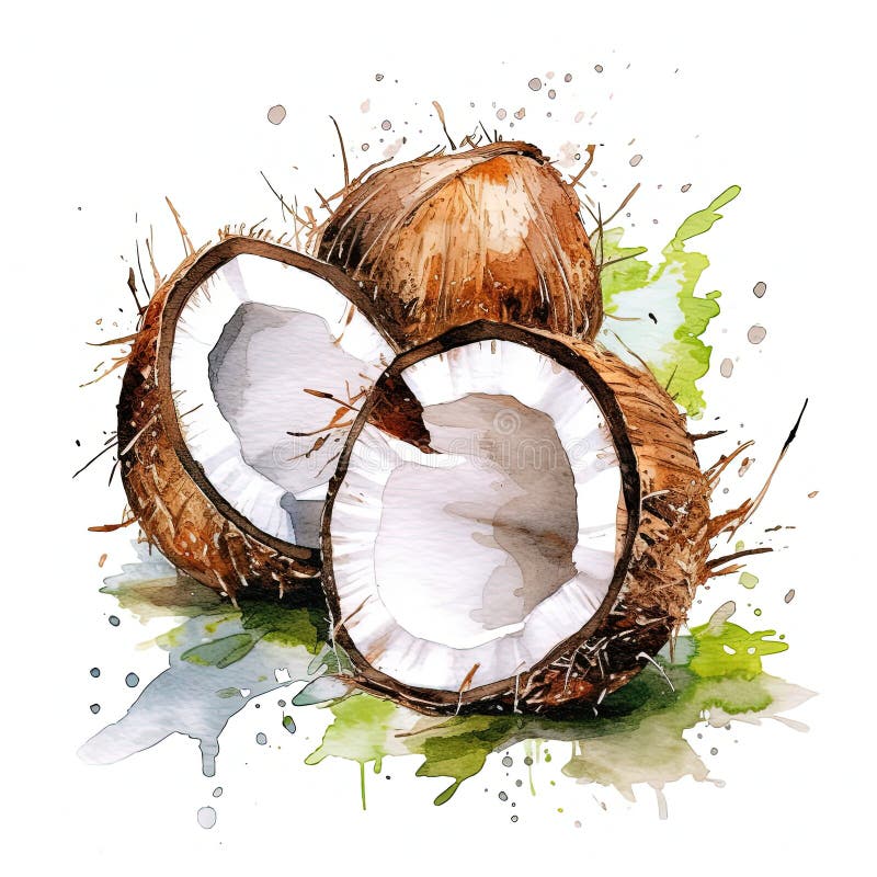 Watercolor Open Coconut Illustration AI Generative Stock Illustration ...