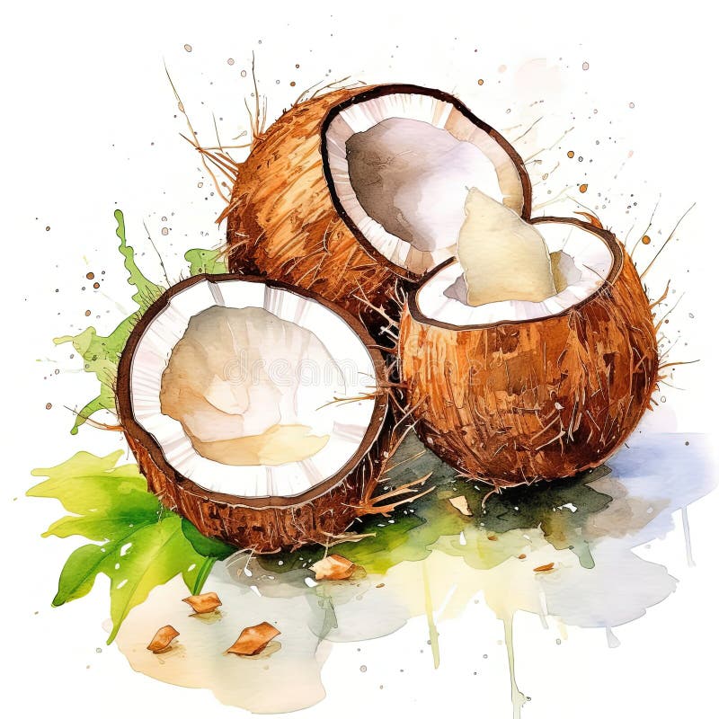 Watercolor Open Coconut Illustration AI Generative Stock Illustration ...