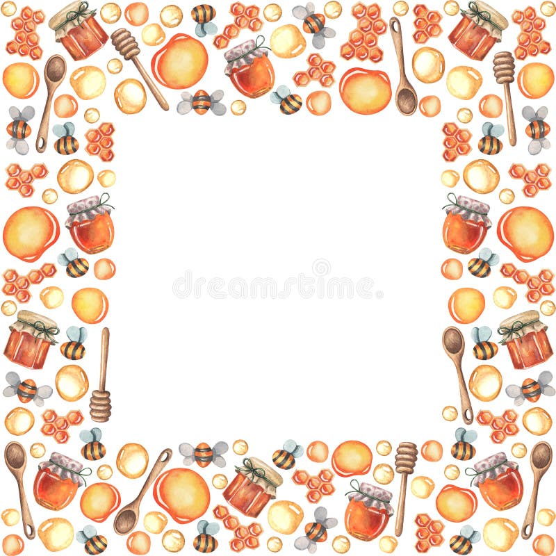 Orange Hand-drawn Square Frame with Honey and Bees. Stock Image - Image ...