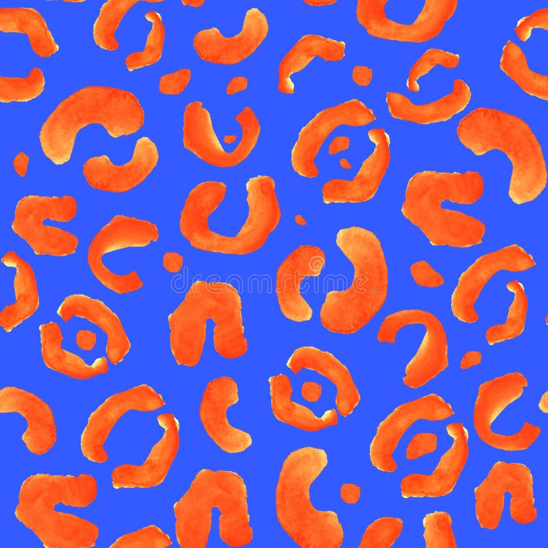 Watercolor Orange Leopard Spots on Blue Bright Seamless Pattern Stock ...