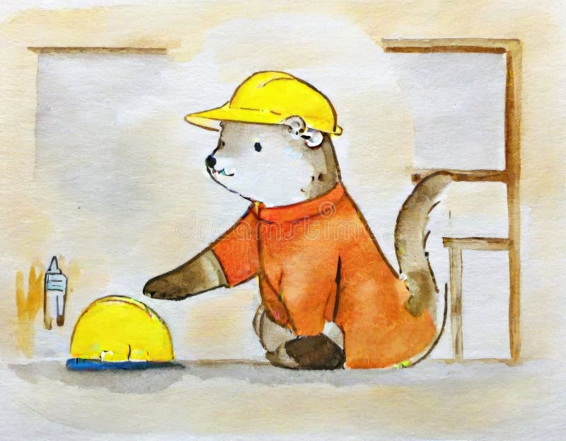 Watercolor of Otter Worker with Stock Illustration - Illustration of ...