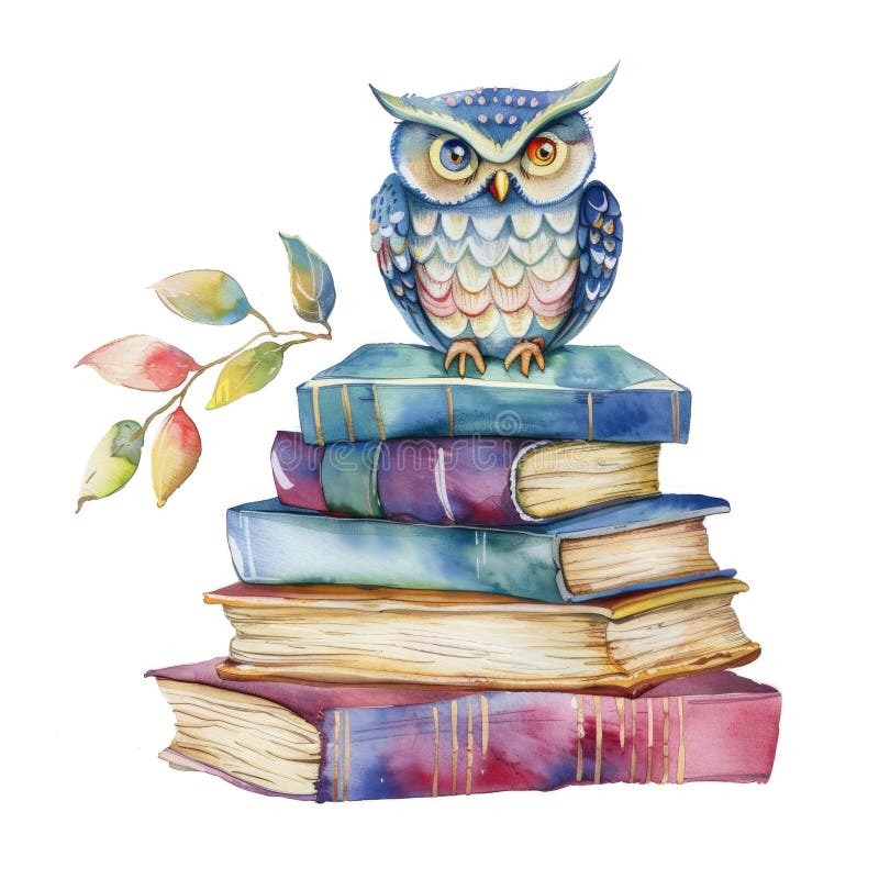 Watercolor Owl on Stack of Vintage Books Stock Illustration ...