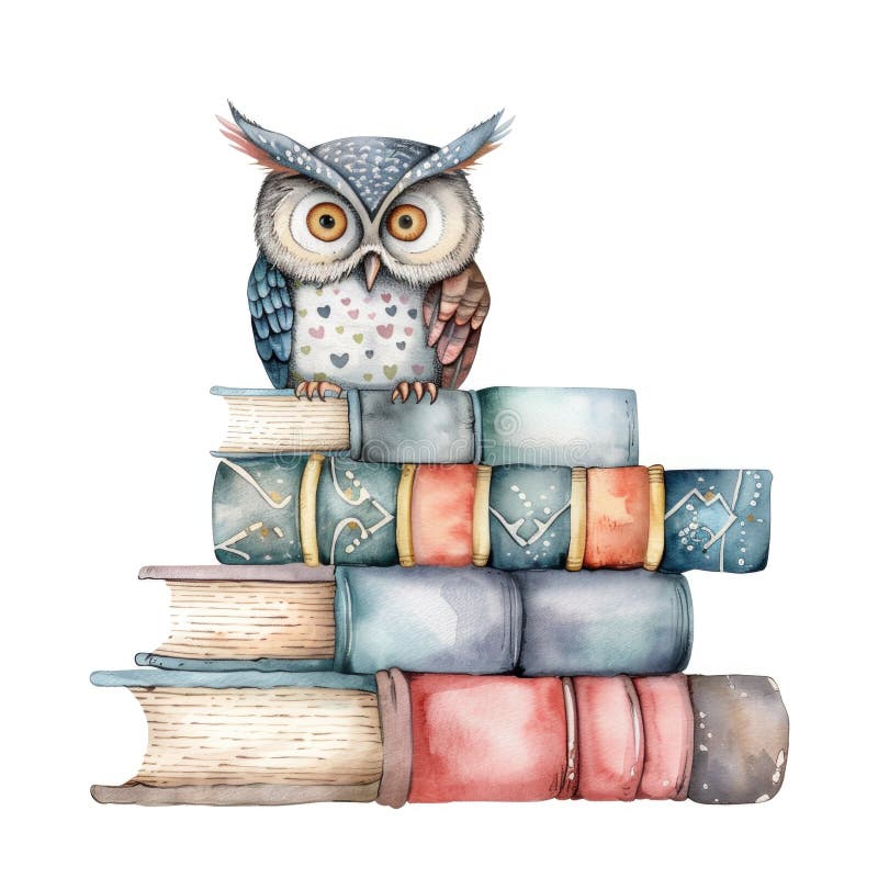 Watercolor Owl on Stack of Vintage Books Stock Illustration ...