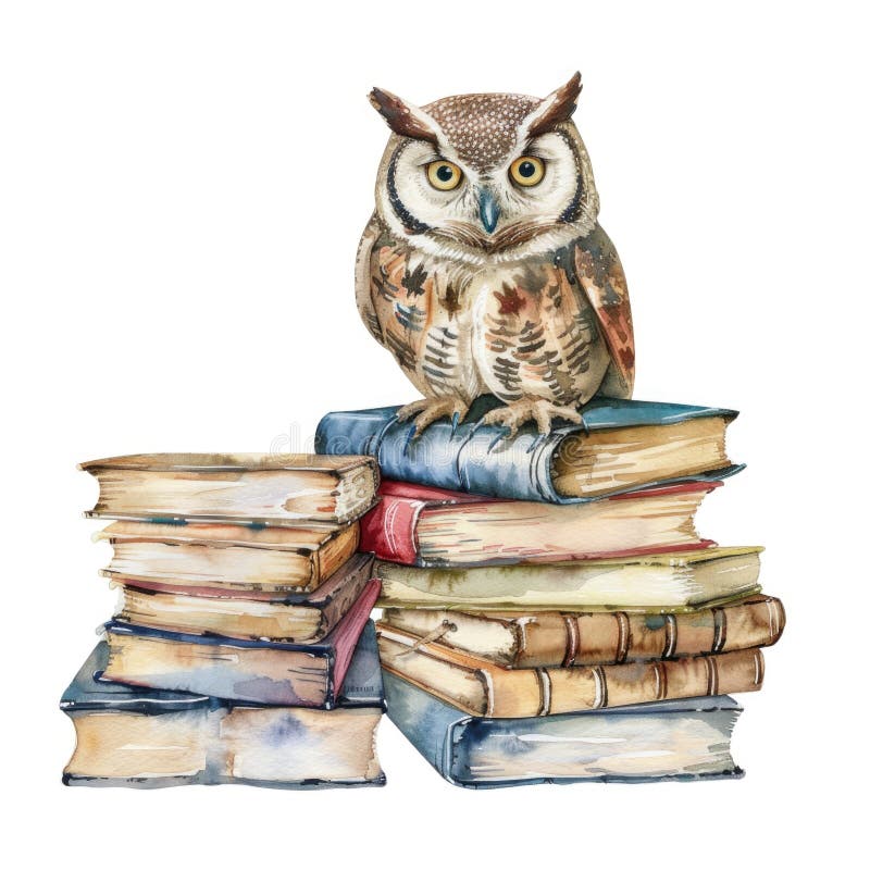 Watercolor Owl on Stack of Vintage Books Stock Illustration ...