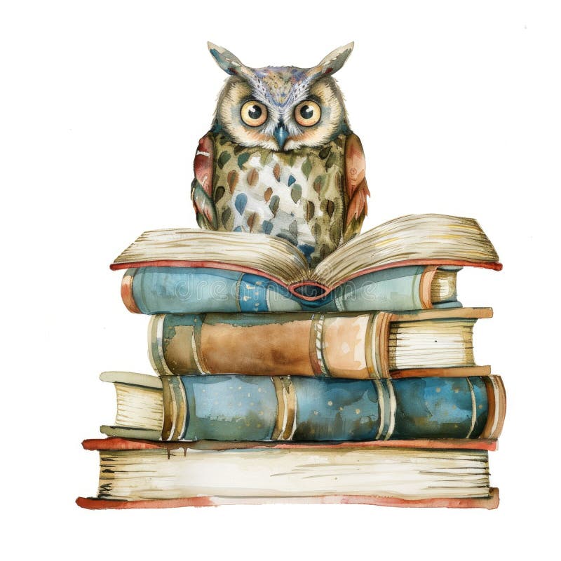 Watercolor Owl on Stack of Vintage Books Stock Illustration ...