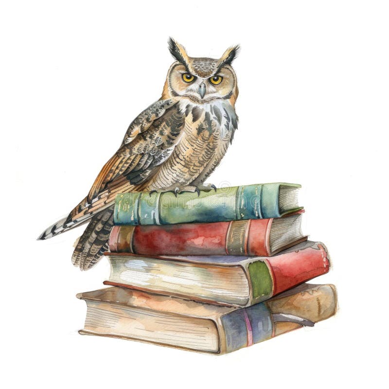 Watercolor Owl on Stack of Vintage Books Stock Illustration ...