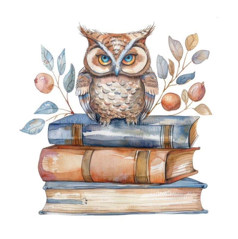 Watercolor Owl on Stack of Vintage Books Stock Photo - Image of texture ...