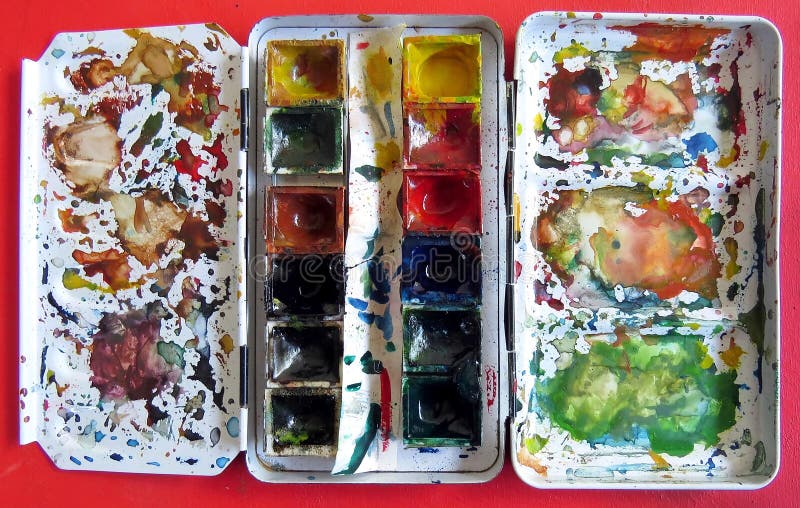 Watercolor Paint Box on Red Table Stock Photo - Image of multicolored ...