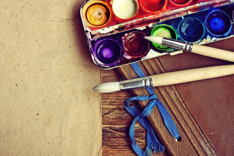Watercolor Paint, Brushes and Old Album Stock Photo - Image of space ...
