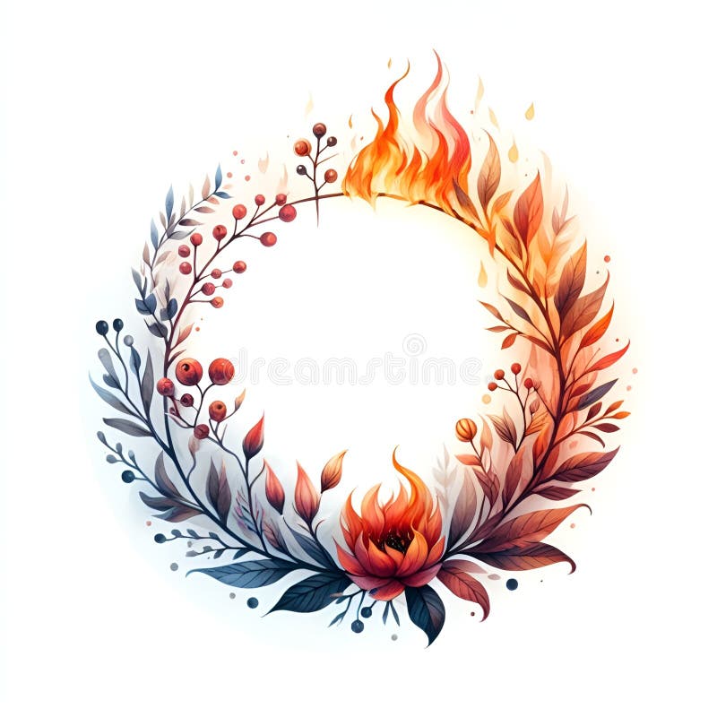 Watercolor Paint Hot Fire Burn Round Frame Illustration Stock ...