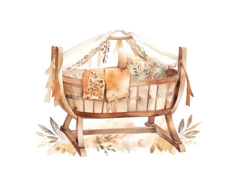Cradle Watercolor Illustration. Hand Drawn Crib in Pastel Colors for ...