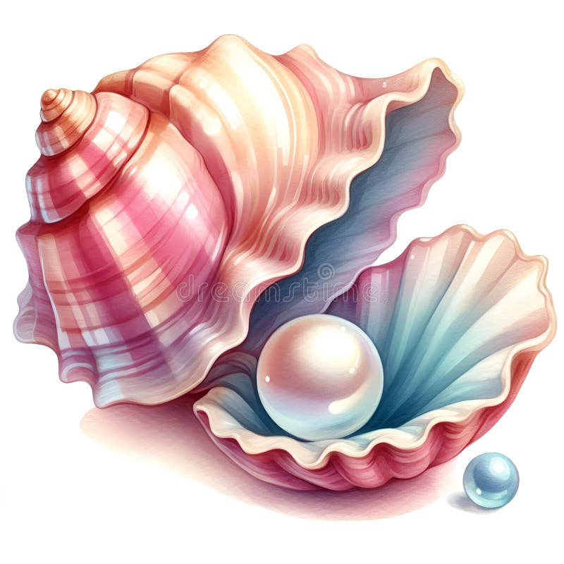 Watercolor Paint Ocean Shell with Pearl Illustration Stock Illustration ...