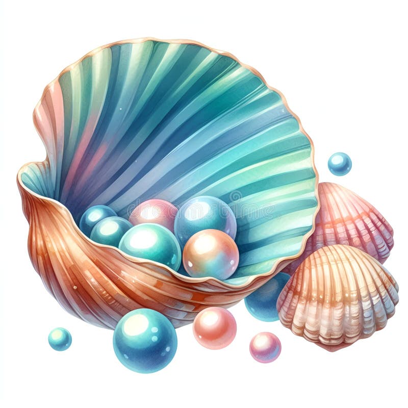 Watercolor Paint Ocean Shell with Pearl Illustration Stock Illustration ...