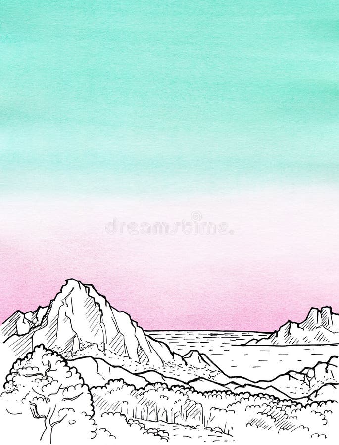 Watercolor Painted Background with Black Ink Landscape Stock Photo ...