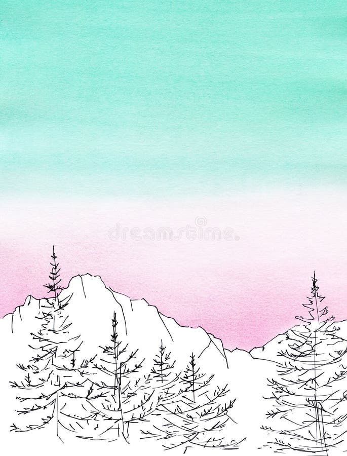Watercolor Painted Background with Black Ink Landscape Stock Image ...