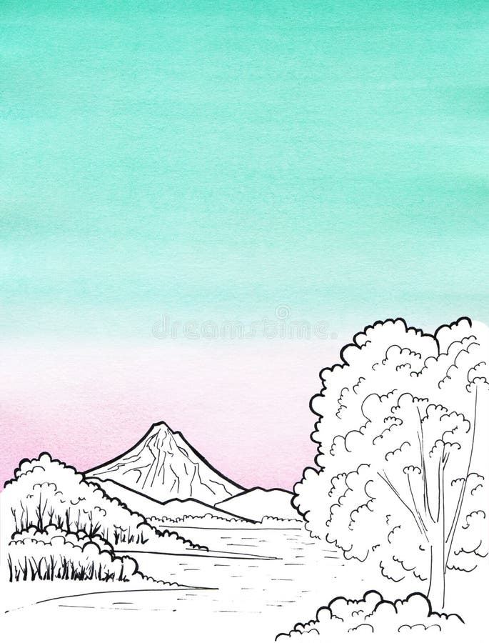 Watercolor Painted Background with Black Ink Landscape Stock Image ...