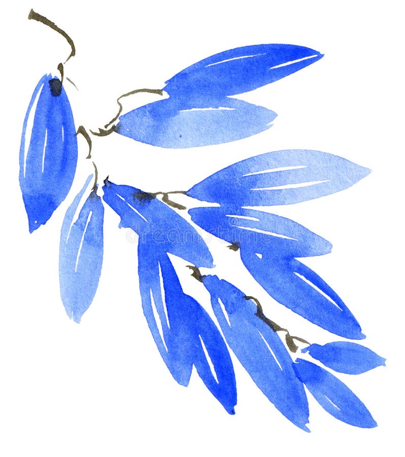 Watercolor Painted Blue Tree Leaves Stock Image - Image of traditional ...