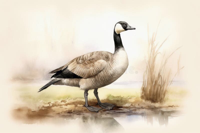 Watercolor Painted Canadian Goose on a White Background Stock ...