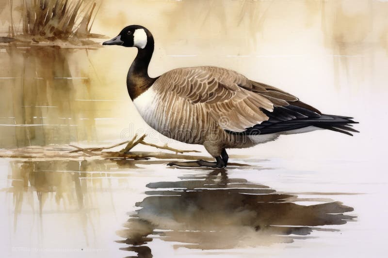 Watercolor Painted Canadian Goose on a White Background Stock ...