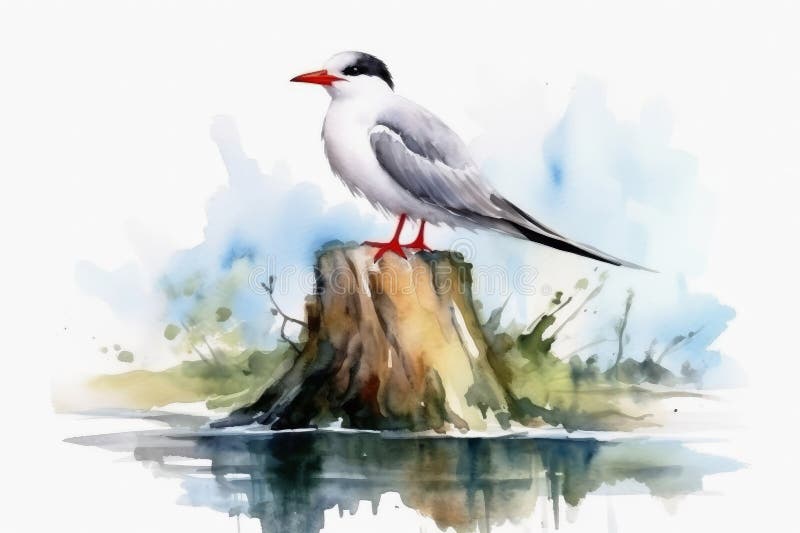 Watercolor Painted Common Tern on a White Background Stock Illustration ...