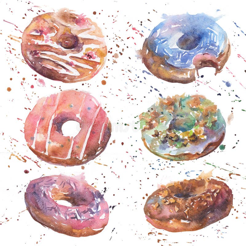 Watercolor painted donuts stock illustration. Illustration of ...