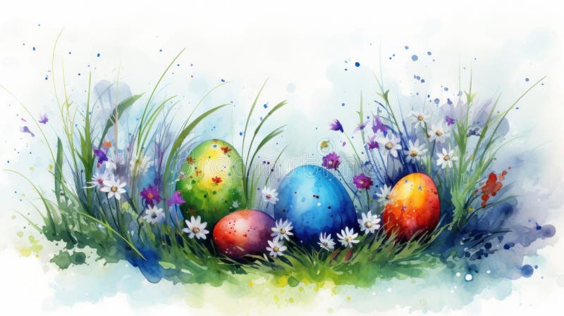 Watercolor Painted Easter Eggs in Grass with Flowers. Happy Easter ...
