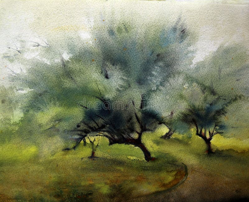 Watercolor- Painted Landscape with Trees Stock Image - Image of natural ...