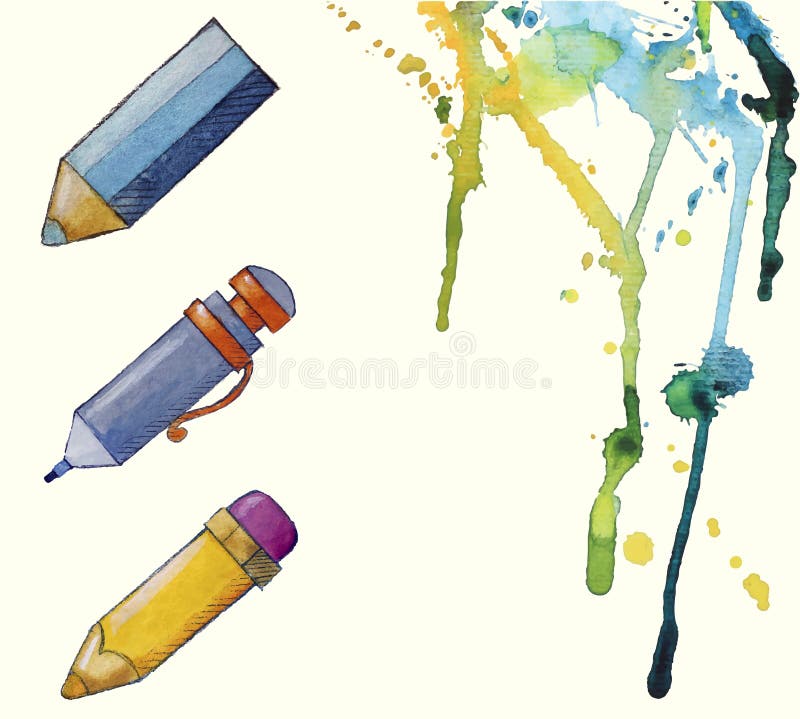 Watercolor Painted Pencil Icons, Splashes of Paint Stock Vector ...