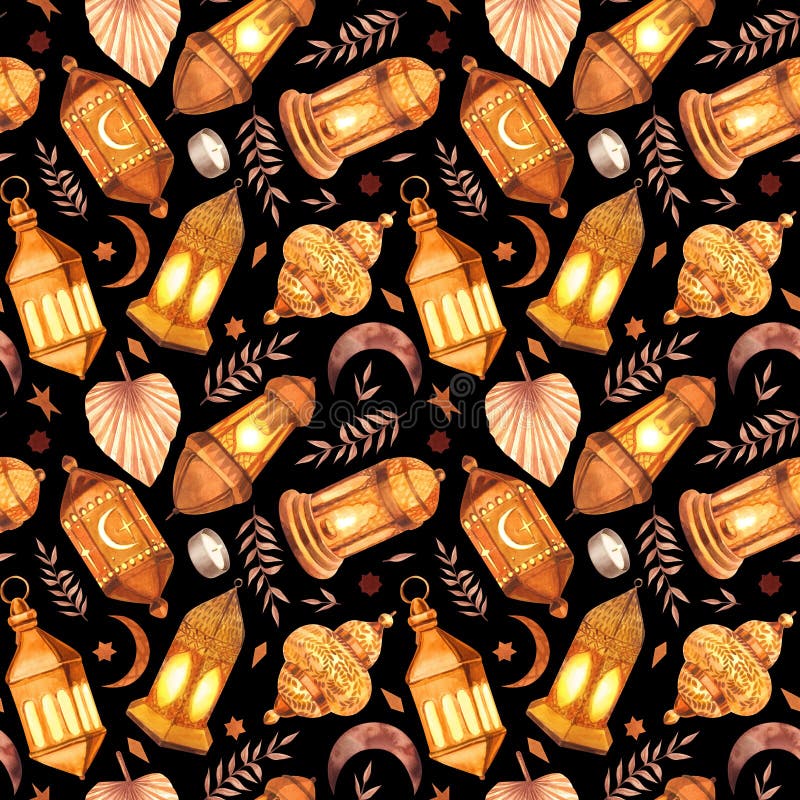 Watercolor Painted Seamless Pattern Islamic Object. Hand-drawn ...