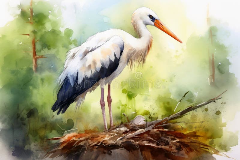 Watercolor Painted White Stork on a White Background Stock Illustration ...