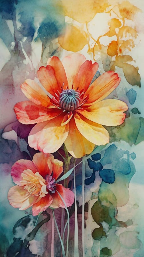 Watercolor Painting: Abstract Floral Composition with Overlapping ...