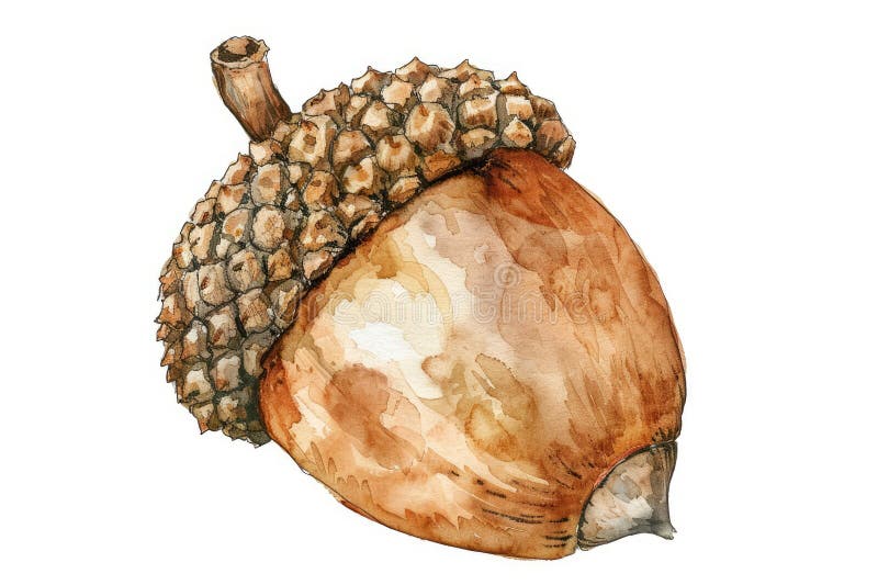 A Watercolor Painting of an Acorn with a Brown Cap Stock Photo - Image ...