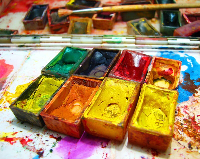 Watercolor Painting and Artistic Tools on Table Stock Image - Image of ...