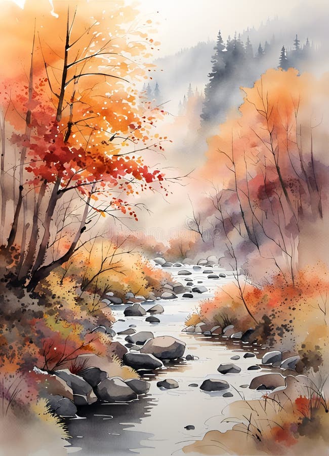 Watercolor Painting of an Autumn Forest Stream in a Modern ...