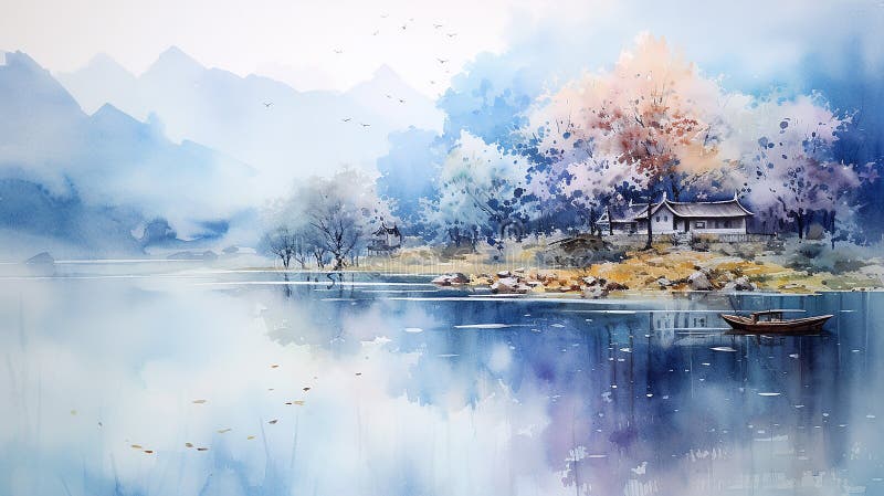 Watercolor Painting Background with Beautiful Lake Stock Illustration ...