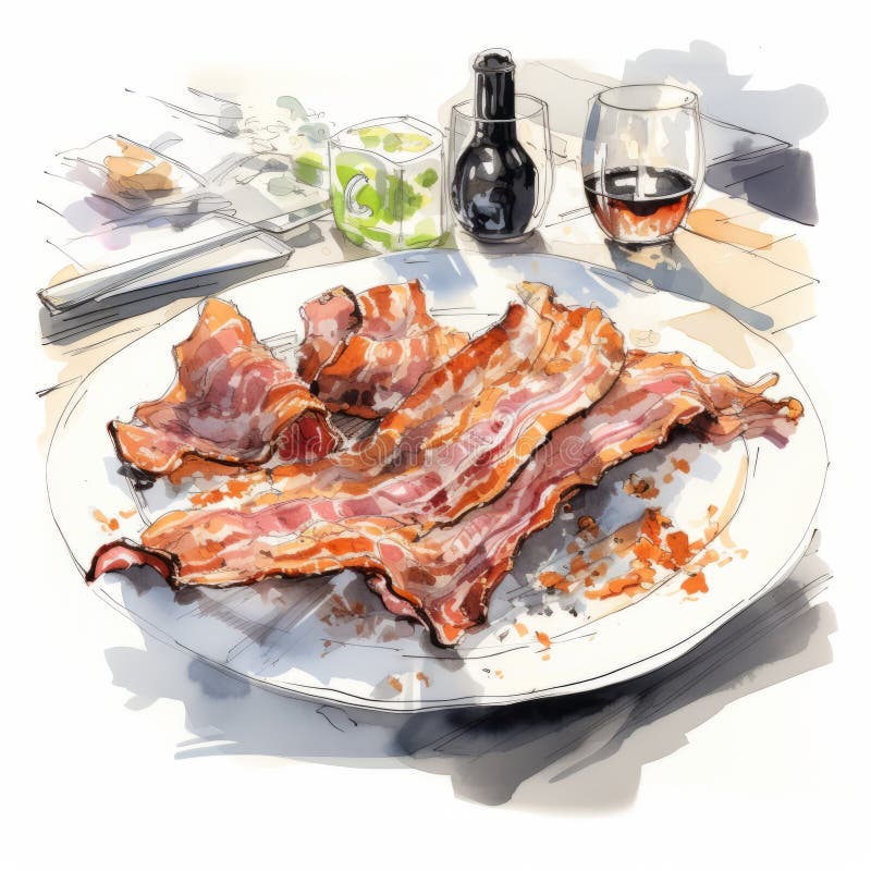 Watercolor Painting of Bacon on a Plate with Social Commentary Stock ...