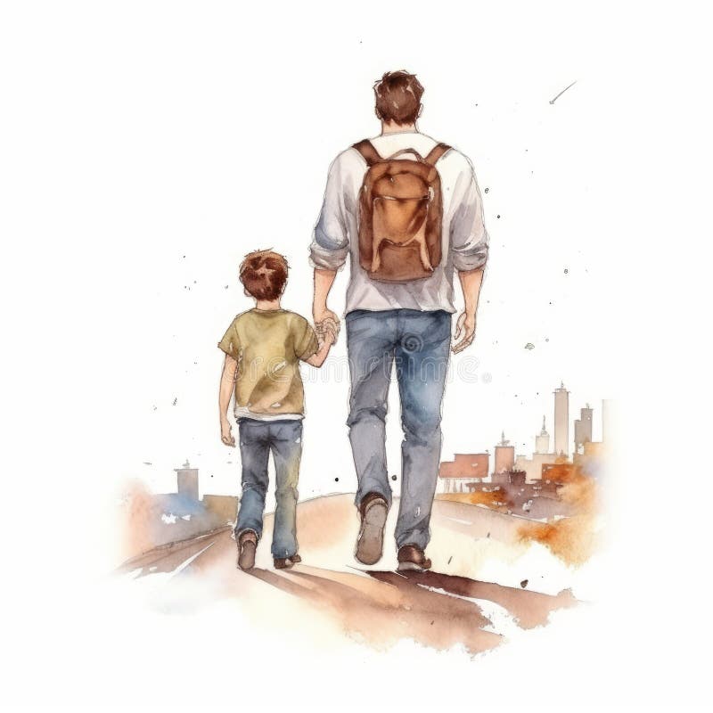 Watercolor Painting of a Father and Son Sitting on the Ground in the ...